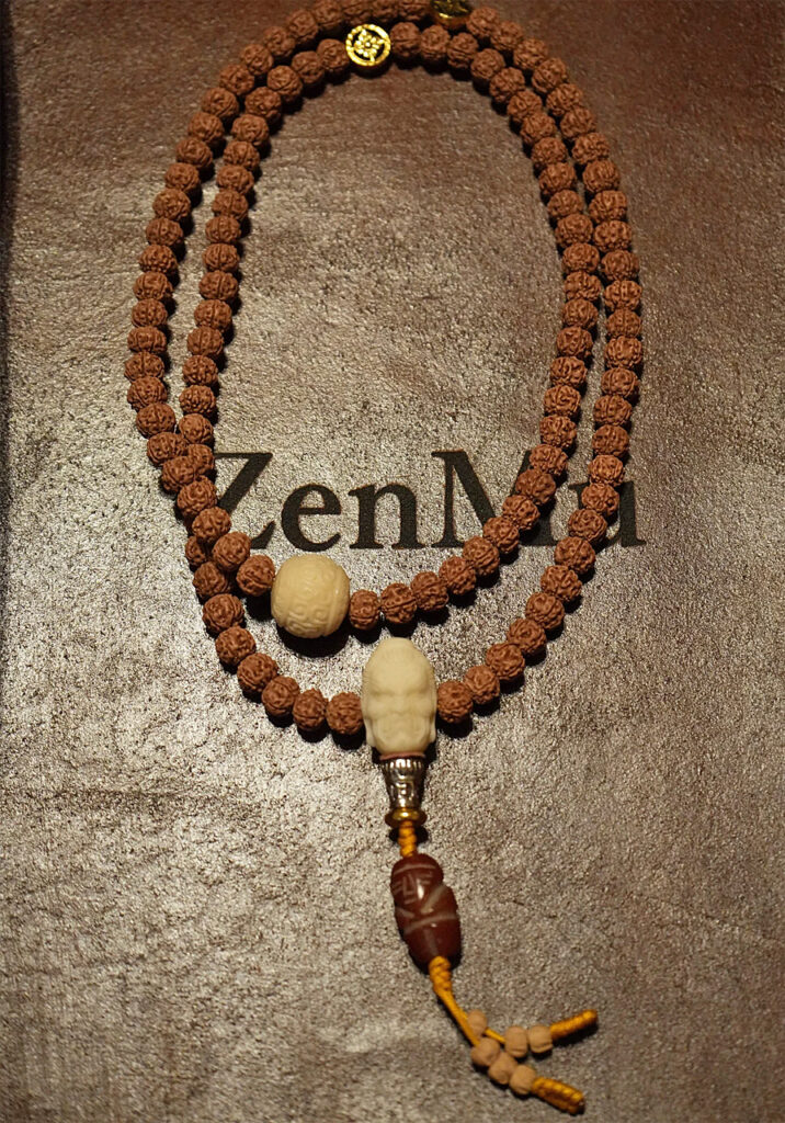 Full Mala, Wheel of Dharma Beads, Carved Bodhi Demon - ZenMu Art